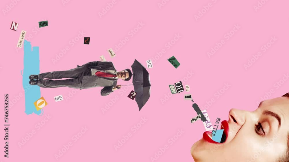 Young woman emotionally shouting, different words in type of newspaper ...