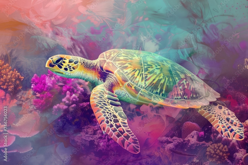 A sea turtle blending with the colors and textures of coral reefs in a ...