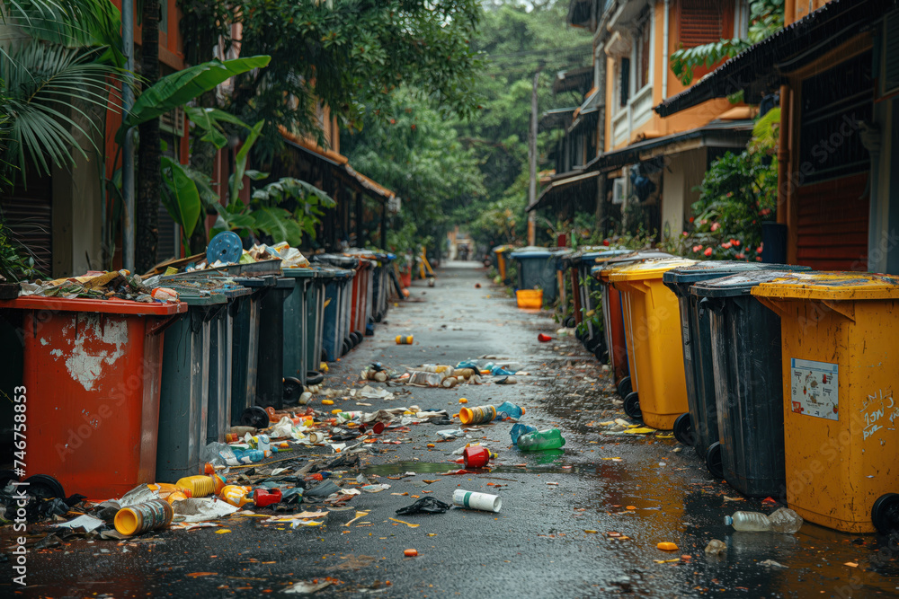 Overflowing garbage bins lining an urban street, illustrating waste ...