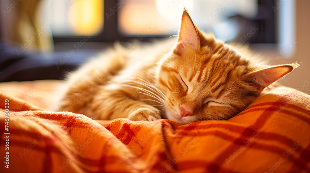 An orange cat is peacefully sleeping on top of a fluffy white blanket ...
