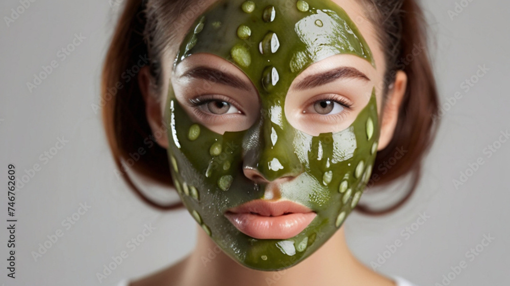 Gorgeous young woman with skin care green mask on her face, for ...