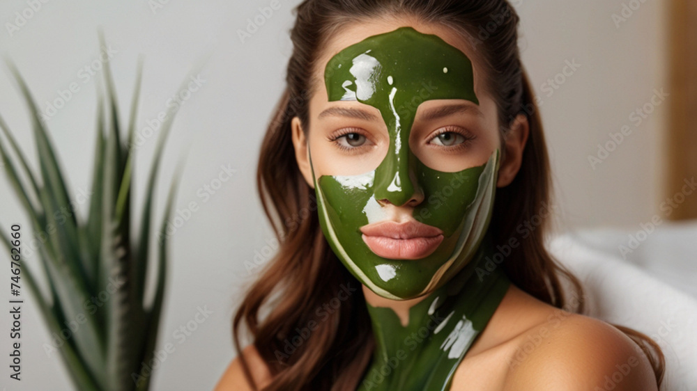 Gorgeous young woman with skin care green mask on her face, for ...