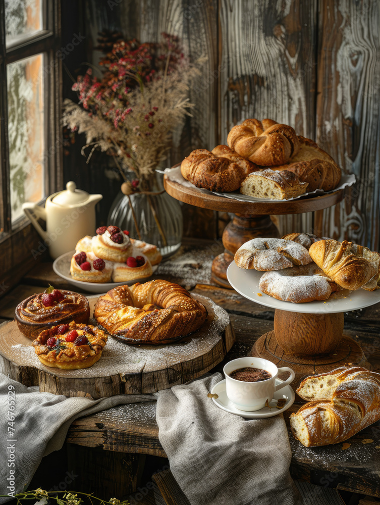 Delicious assortment of pastries on rustic table - A rustic wooden ...