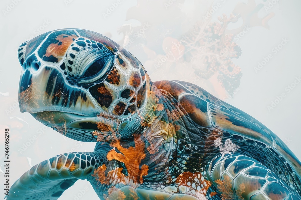 A sea turtle blending with the colors and textures of coral reefs in a ...