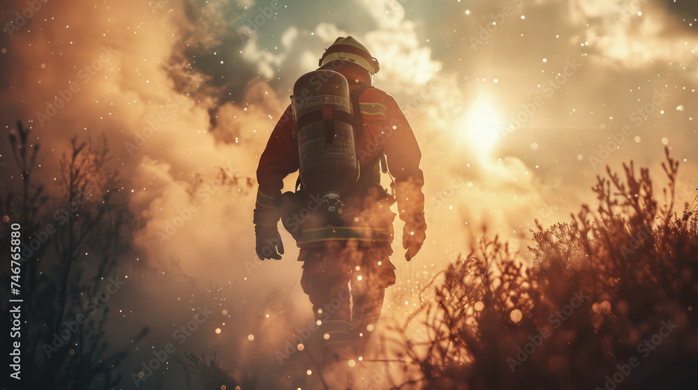 Firefighter walking through smoky wilderness - A firefighter in full ...