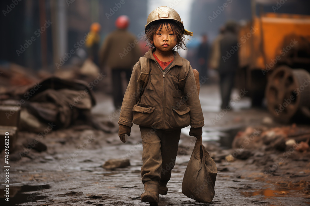 Portrait of a young female coal miner walking through the mine. Use of ...