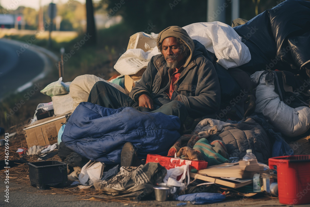 Homeless beggar man sitting on the street and begging for money Stock ...