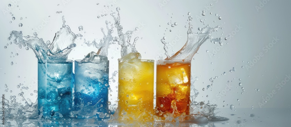 Three ice-cold soft drinks, each a different color, are splashing out ...