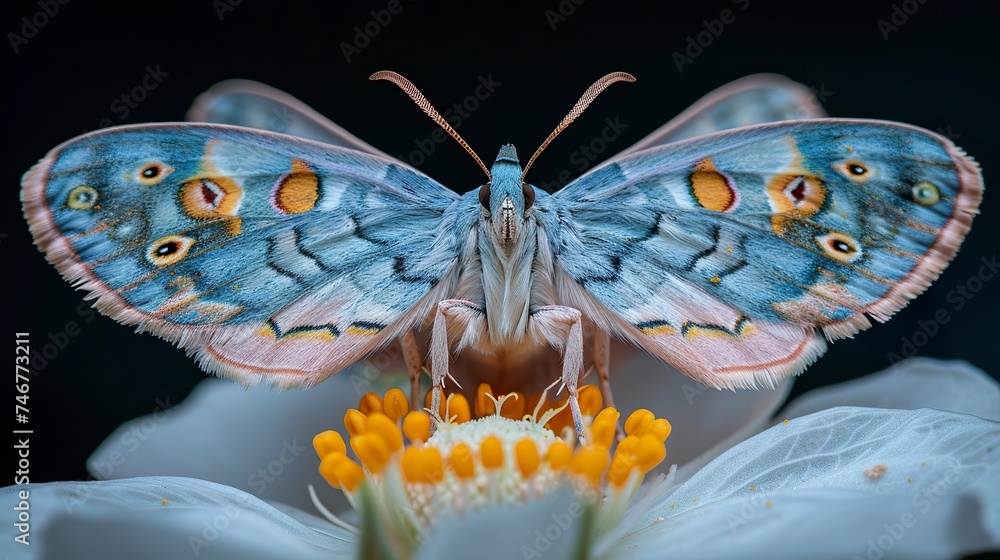 A beautiful colorful blue moth gracefully on a flower, displaying its ...