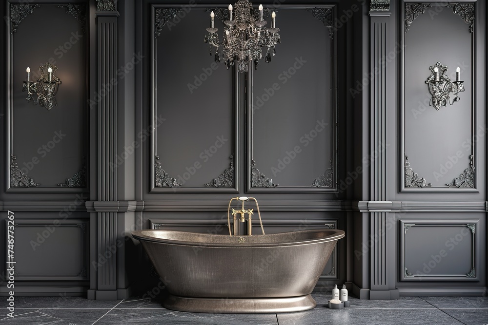 Elegant vintage inspired gray bathroom with ornate wall moldings ...