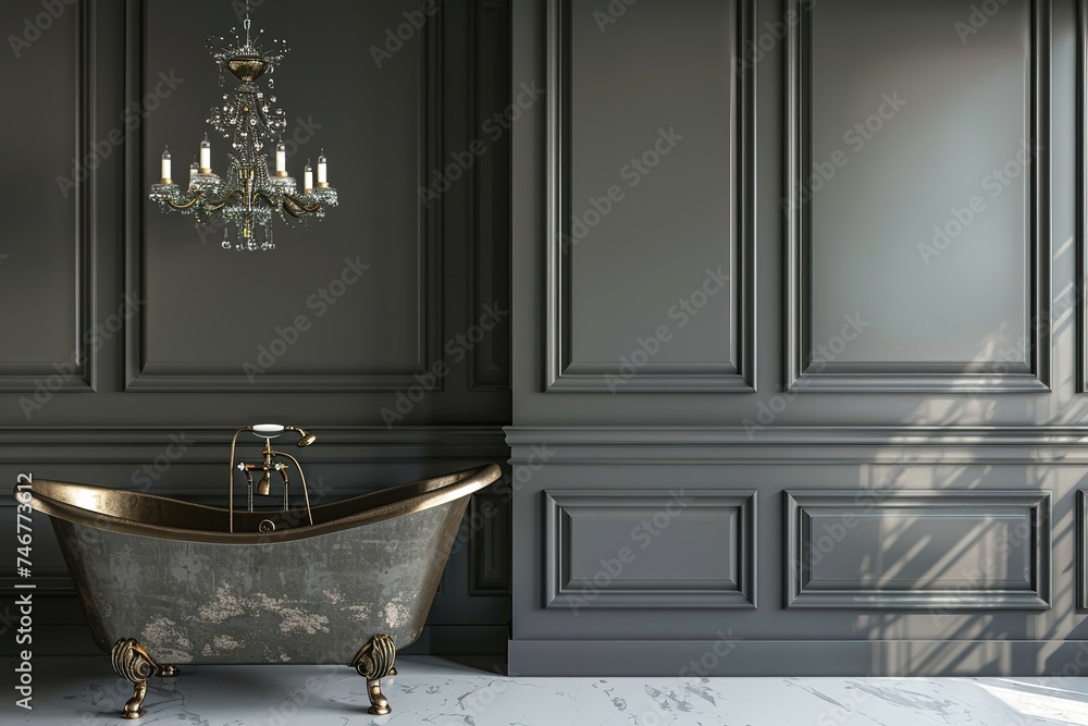 Elegant vintage inspired gray bathroom with ornate wall moldings ...