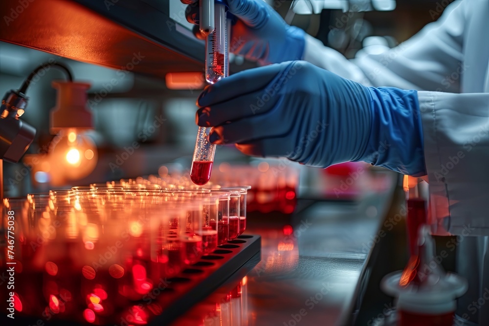 Hands of a doctor collecting blood sample tubes from rack with analyzer ...