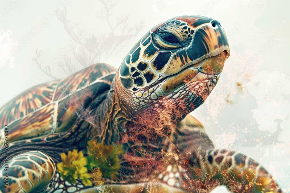 A sea turtle blending with the colors and textures of coral reefs in a ...