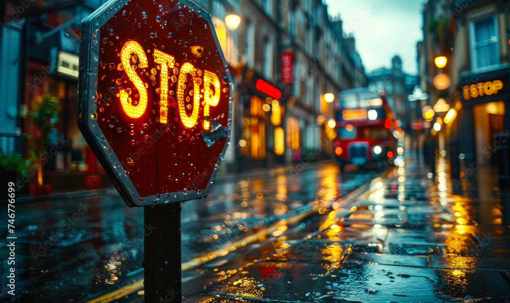 Wet stop sign with raindrops on a city street on a gloomy day, shallow ...