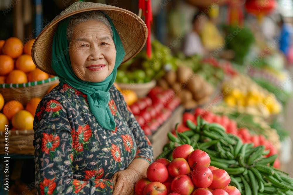 Smiling older Vietnamese vendor with traditional hat selling fruit at a ...