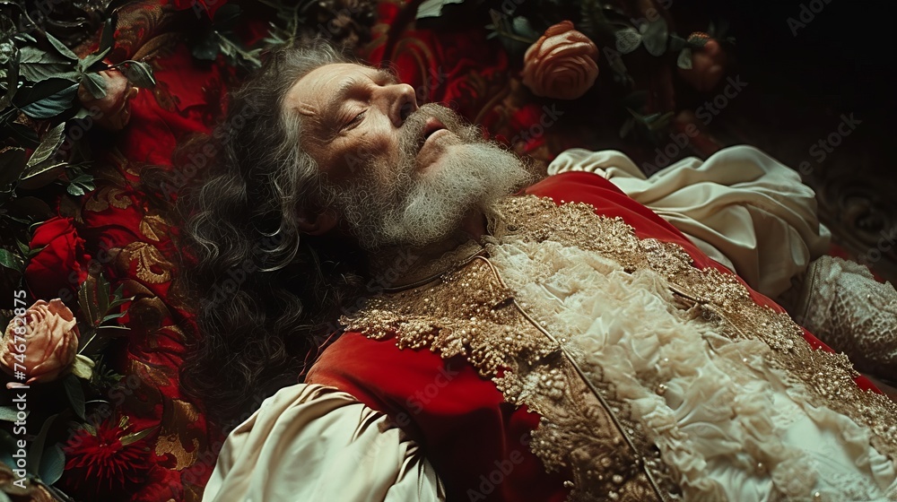 An image of a dead king in royal robes, laid out among many flowers ...