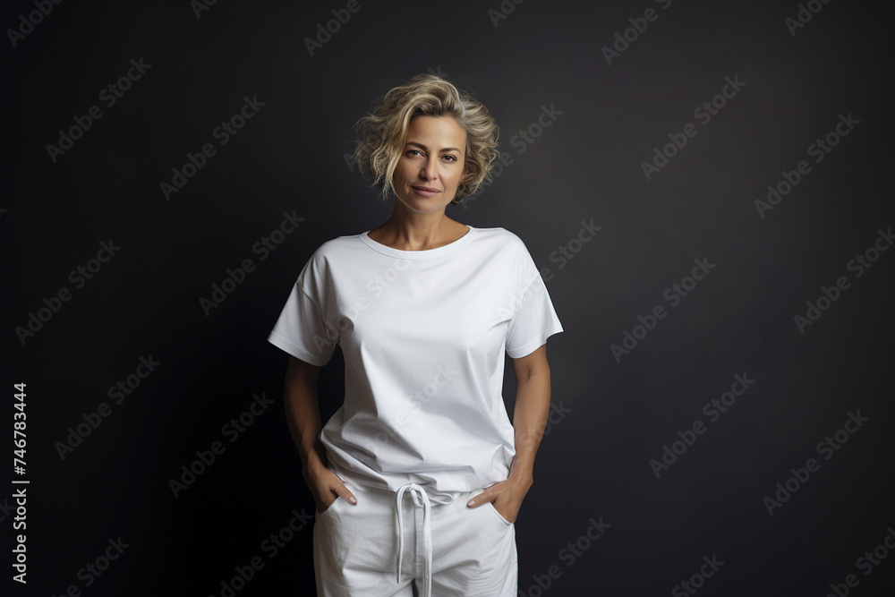 Middle Aged Woman Wearing Blank White T Shirt Posing Against Black Wall