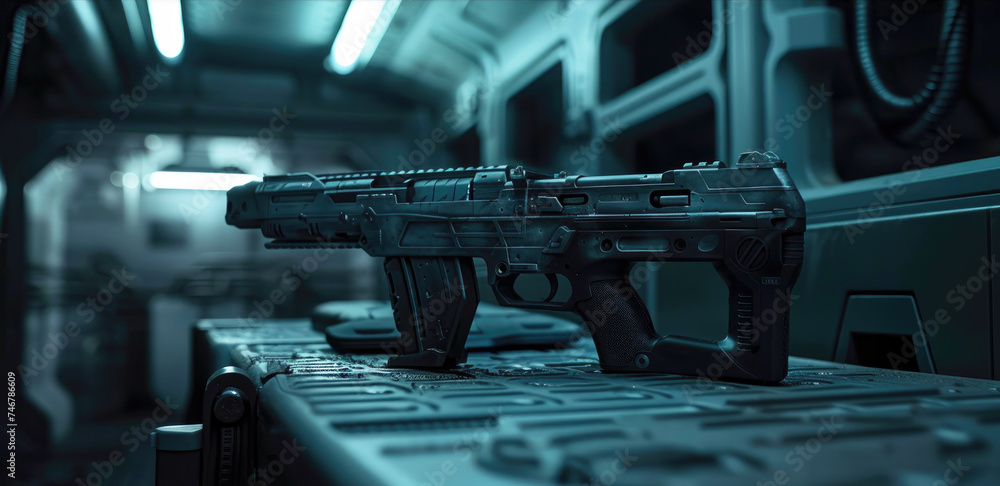Futuristic machine gun on metal table inside spaceship, alien weapon in ...