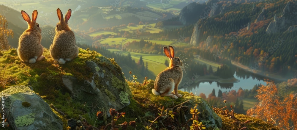 Three adorable rabbits are sitting on top of a hill, enjoying the view ...