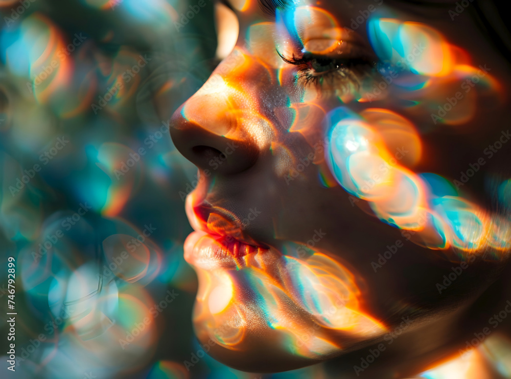 Cortisol concept. Portrait of a woman's face bathed in light patterns ...