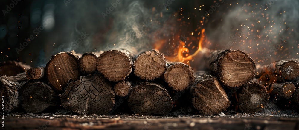 A stack of logs is neatly arranged on a wooden floor, ready to be used ...