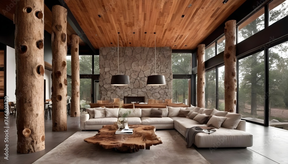 Tree trunk columns in rustic interior design of modern house Stock ...