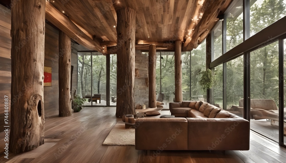 Tree trunk columns in rustic interior design of modern house Stock ...