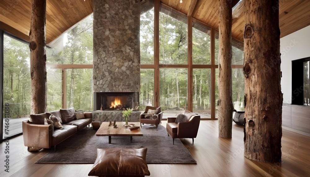 Tree trunk columns in rustic interior design of modern house Stock ...