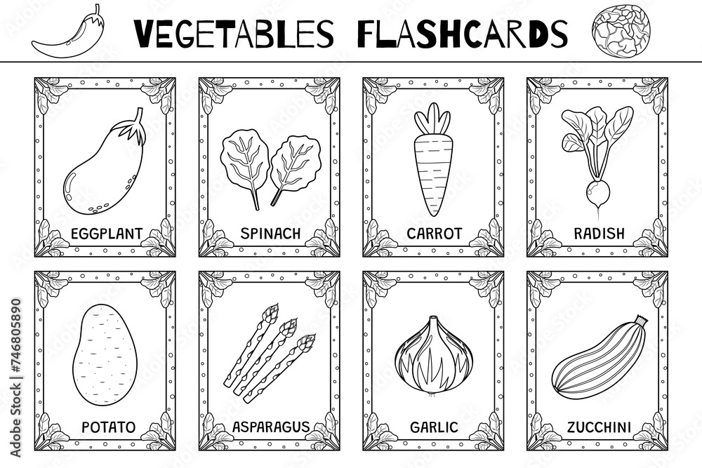 Vecteur Stock Vegetables flashcards black and white set. Flash cards ...