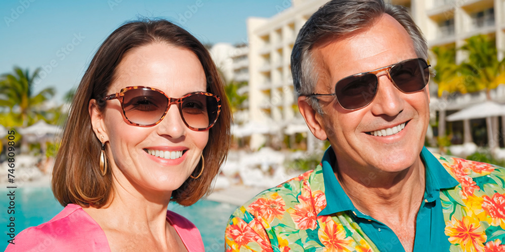 A European couple, over 50 years old, share a joyful moment at a ...