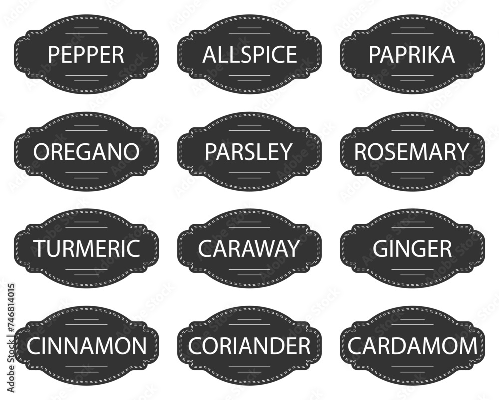 Stickers or labels for jars of spices.Set of 12 vector stickers with ...