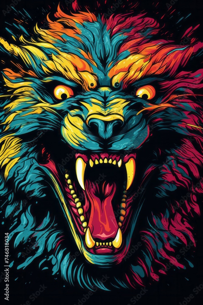 A vibrant wolf displaying its colorful fur while baring its teeth in a ...