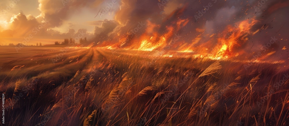 A painting depicting a fire burning fiercely in a field, with flames ...