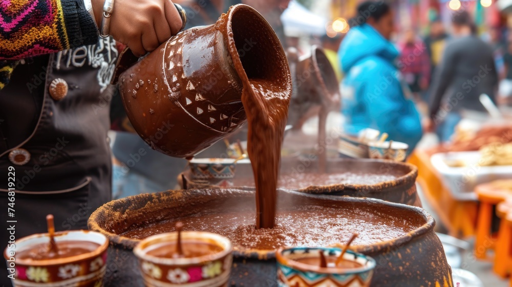 street vendor pouring Champurrado from a large pot into small cups ...