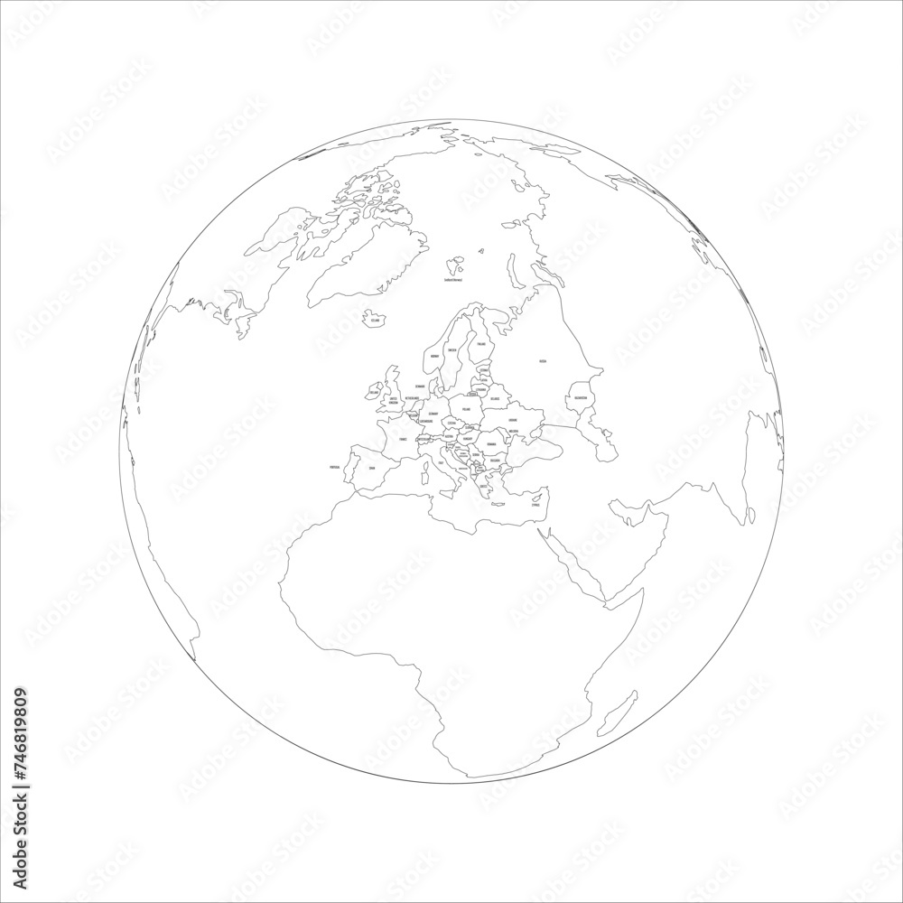 Political map of Europe. Thin black outline map with country name ...