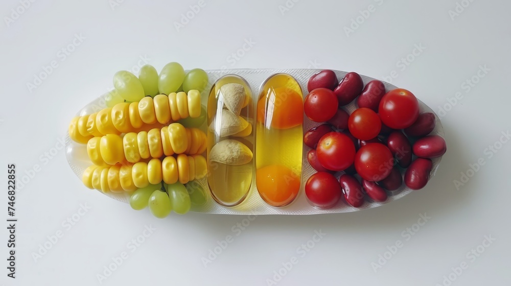 Vitamin rich capsule with fruits, vegetables, nuts, and beans for daily ...