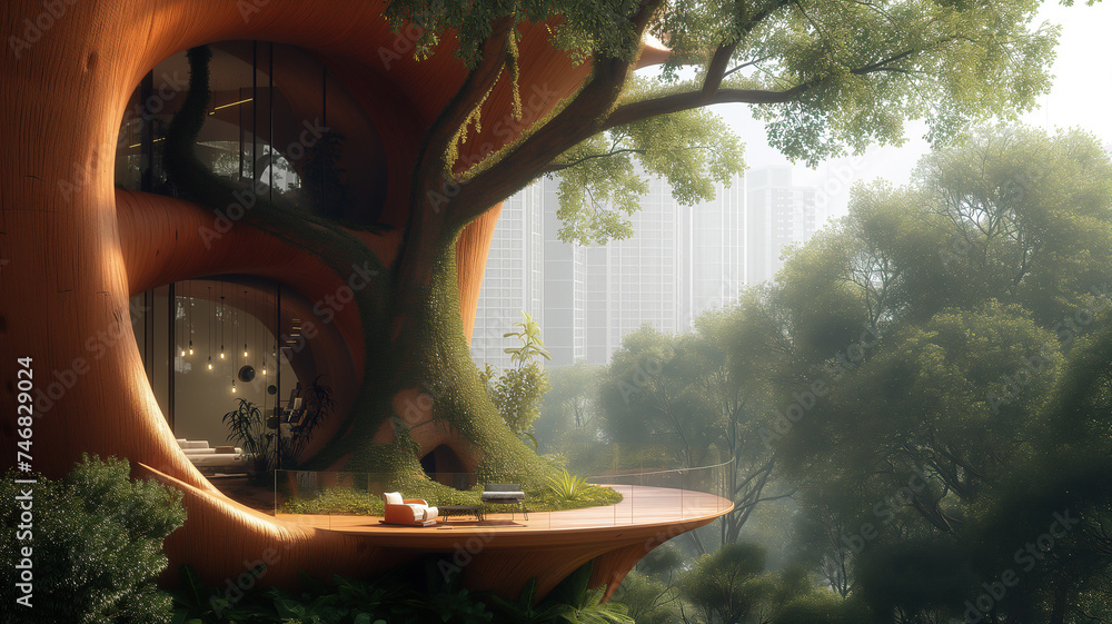 Urban green architecture design of building in tree shape with modern ...