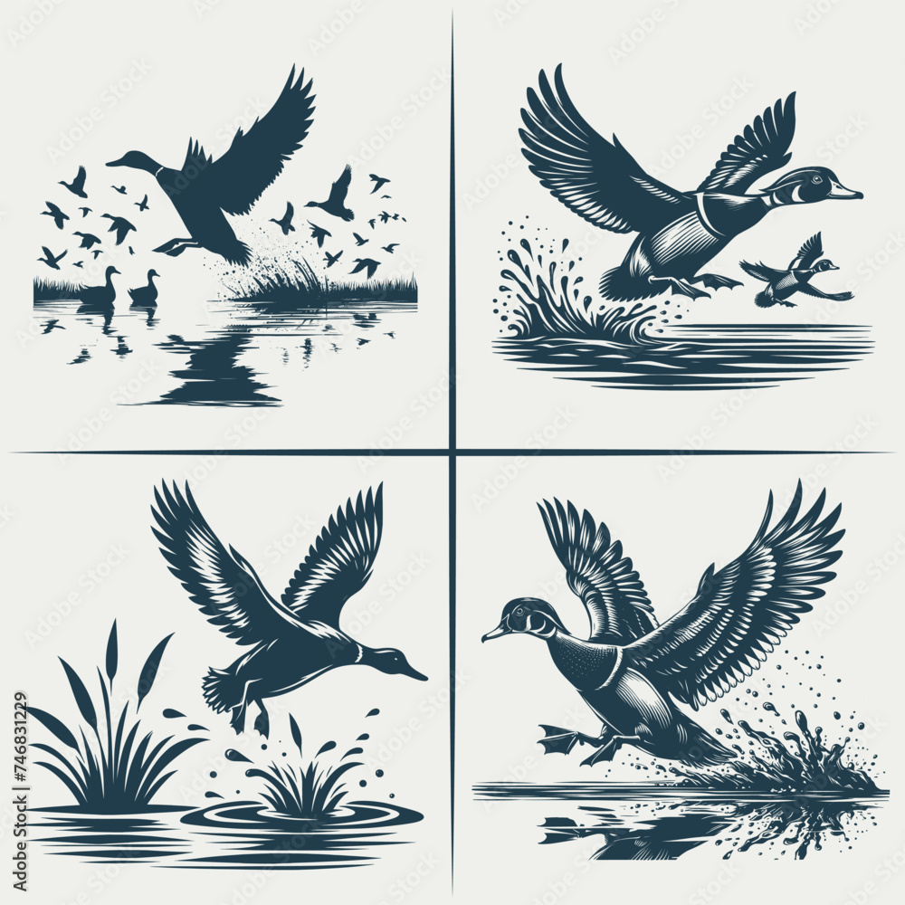 Mallard Duck hunting vector Bundle file ,Black and white Flying Ducks ...