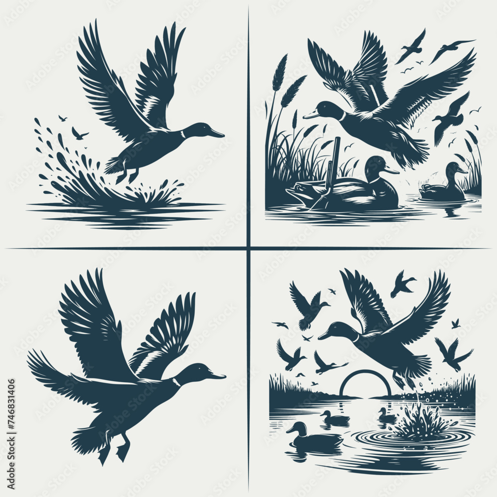Mallard Duck hunting vector Bundle file ,Black and white Flying Ducks ...