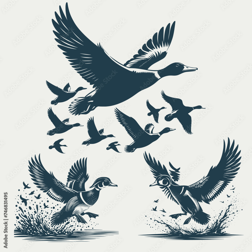 Mallard Duck hunting vector Bundle file ,Black and white Flying Ducks ...