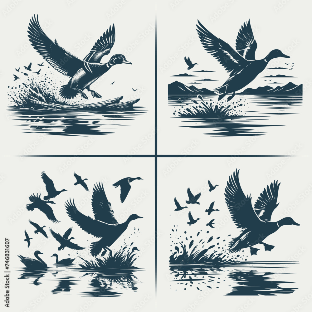 Mallard Duck hunting vector Bundle file ,Black and white Flying Ducks ...