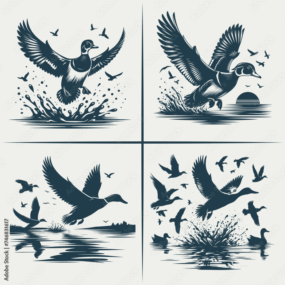 Mallard Duck hunting vector Bundle file ,Black and white Flying Ducks ...