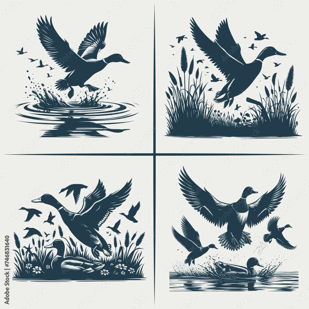 Mallard Duck hunting vector Bundle file ,Black and white Flying Ducks ...