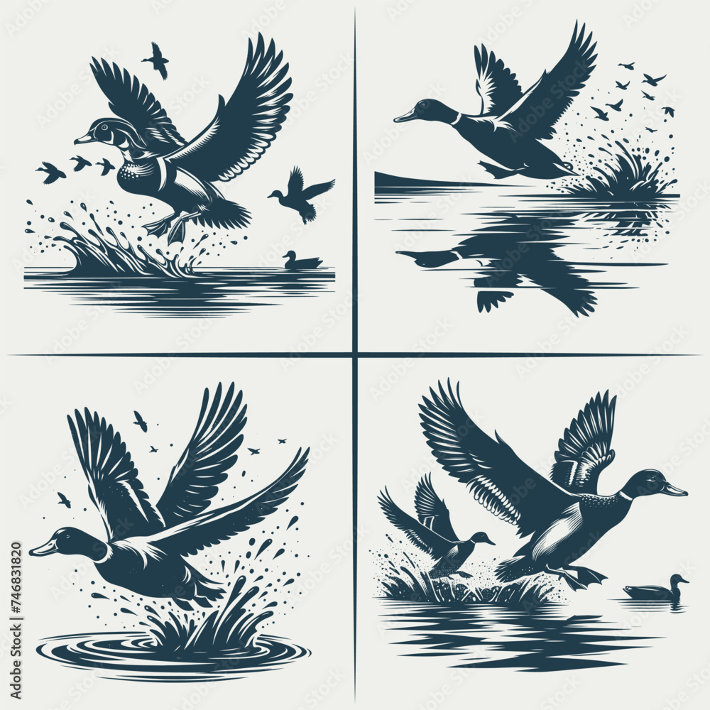 Mallard Duck hunting vector Bundle file ,Black and white Flying Ducks ...