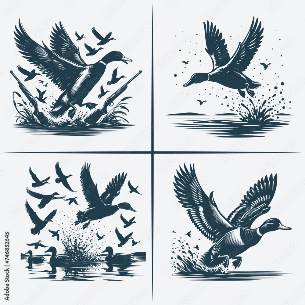 Mallard Duck hunting vector Bundle file ,Black and white Flying Ducks ...