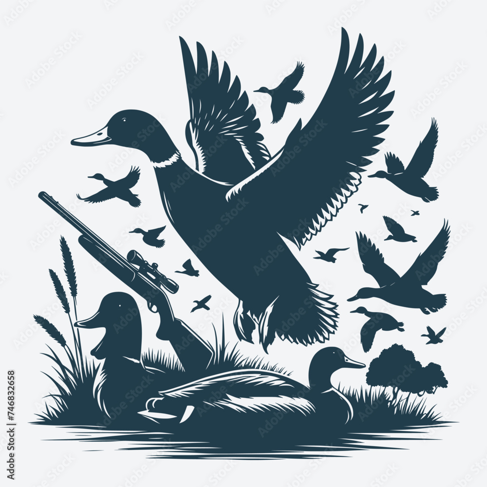 Mallard Duck hunting vector Bundle file ,Black and white Flying Ducks ...