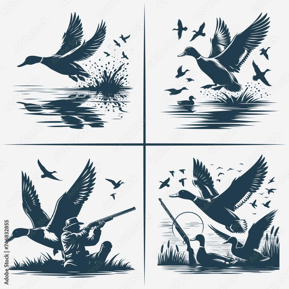 Mallard Duck hunting vector Bundle file ,Black and white Flying Ducks ...