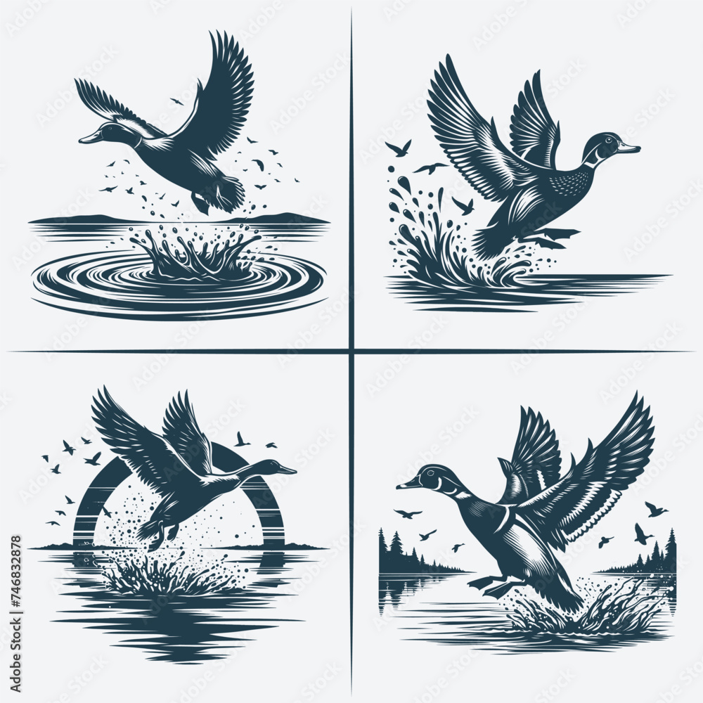 Mallard Duck hunting vector Bundle file ,Black and white Flying Ducks ...