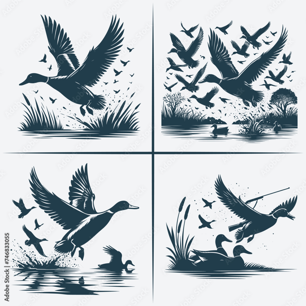 Mallard Duck hunting vector Bundle file ,Black and white Flying Ducks ...