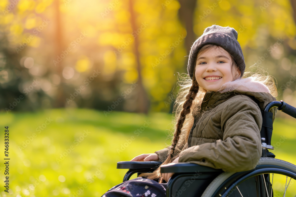 Beautiful disabled happy girl in a wheelchair in a spring park on a ...